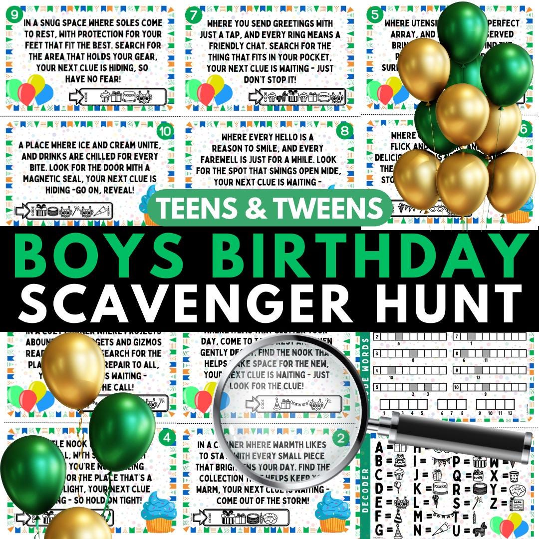 Boys Birthday Scavenger Hunt for Teens and Tweens, Indoor Printable Ga