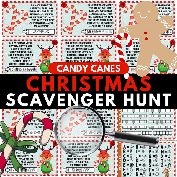 Candy Canes Scavenger Hunt for Kids, Indoor Printable Game, Riddles, P