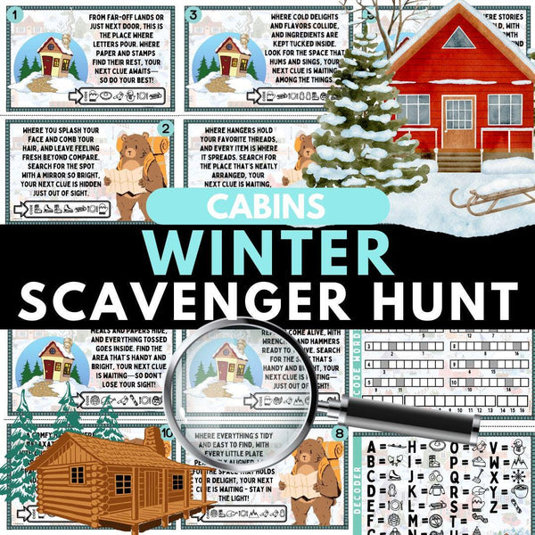 Winter Cabin Scavenger Hunt for Kids, Indoor Printable Game, Riddles,