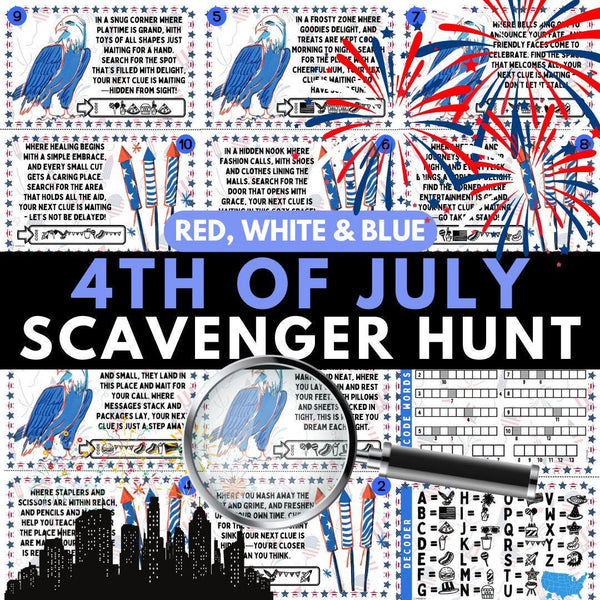4th of July Red White and Blue Scavenger Hunt for Kids, Indoor Printab