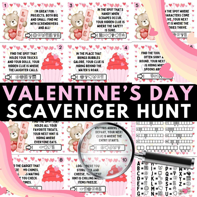Valentine's Day Scavenger Hunt for Kids, Indoor Printable Game, Riddle