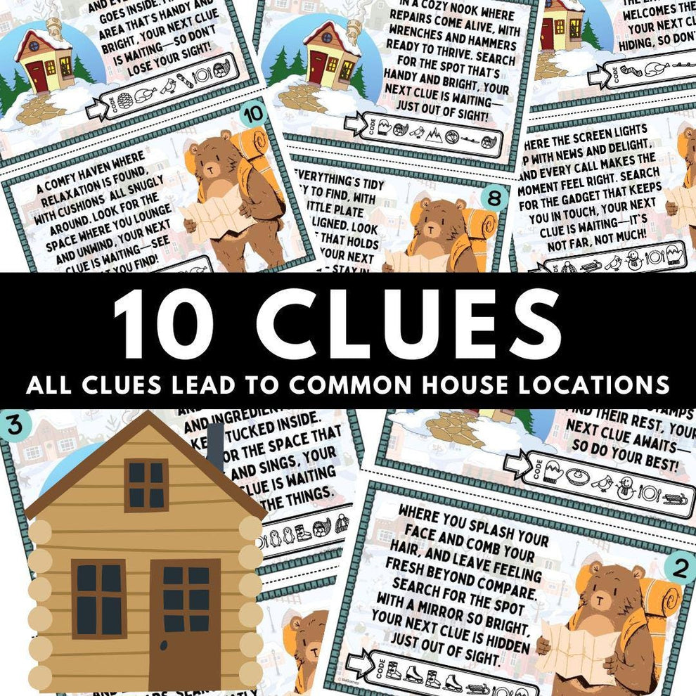 Winter Cabin Scavenger Hunt for Kids, Indoor Printable Game, Riddles,