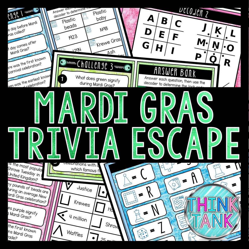 Mardi Gras Trivia Game, Escape Room for Kids, Printable Party Game, Bi